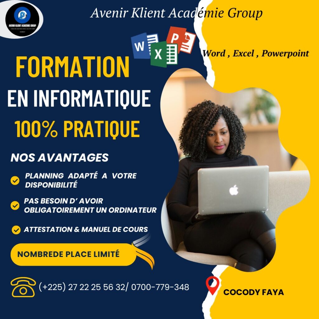 FORMATION EN INFORMATIQUE 100% PRATIQUE word , excel ; powerpoint - J'annonce en ligne